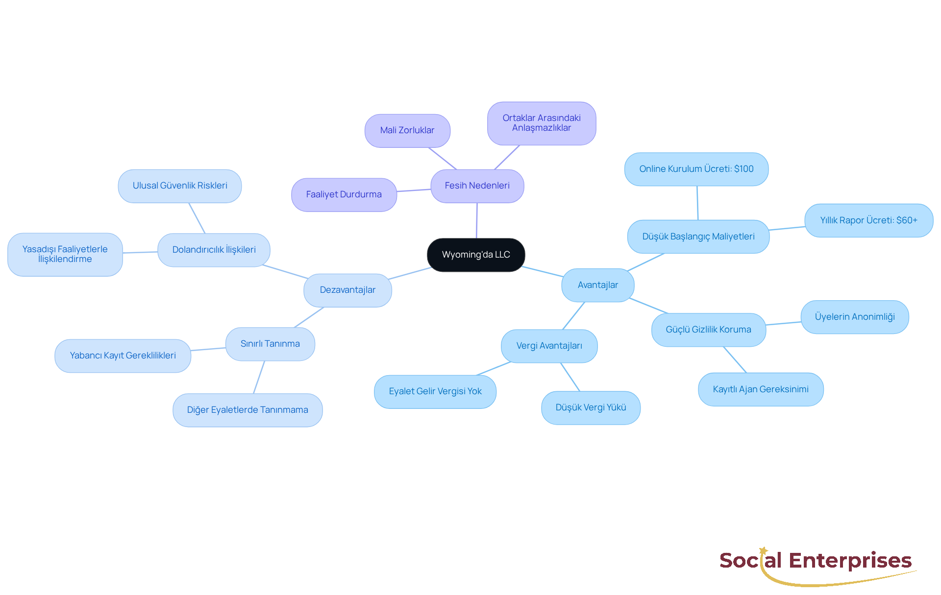 Merkezdeki başlık, LLC yapısını temsil eder. Dallar, LLC'nin avantajlarını, dezavantajlarını ve fesih nedenlerini gösterir. Her bir dalda daha fazla bilgi bulabilirsiniz. Merkezdeki başlık, LLC yapısını temsil eder. Dallar, LLC'nin avantajlarını, dezavantajlarını ve fesih nedenlerini gösterir. Her bir dalda daha fazla bilgi bulabilirsiniz.