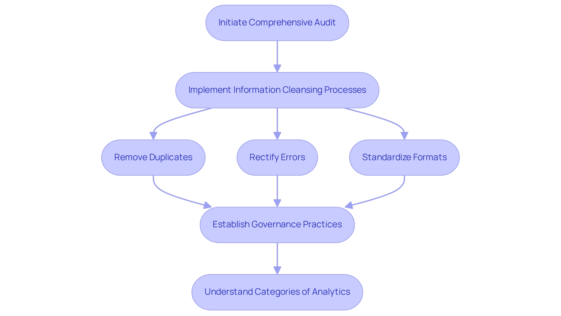 Each box represents a step in the data quality process, with colors indicating different categories: Audit (light blue), Cleansing (green), Governance (orange), and Analytics (purple).