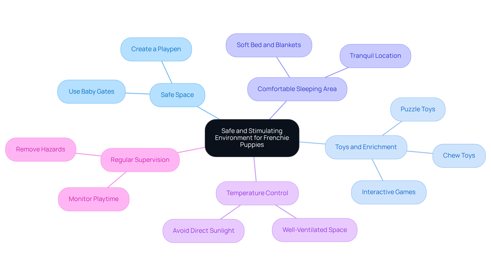 The central idea is how to create a safe home for your puppy. Each branch represents a key guideline, while sub-branches provide specific tips to help you implement those guidelines.
