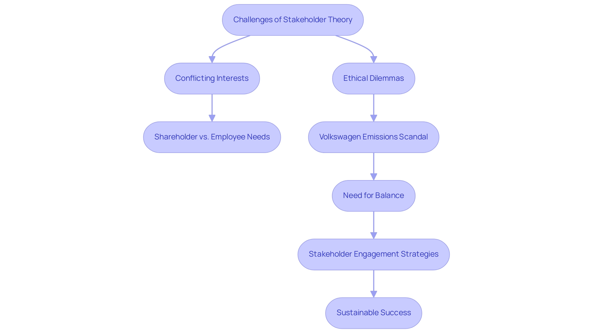 Each box represents a key concept or step in understanding the challenges of stakeholder theory and the proposed solutions, with arrows illustrating the progression from challenges to sustainable success.