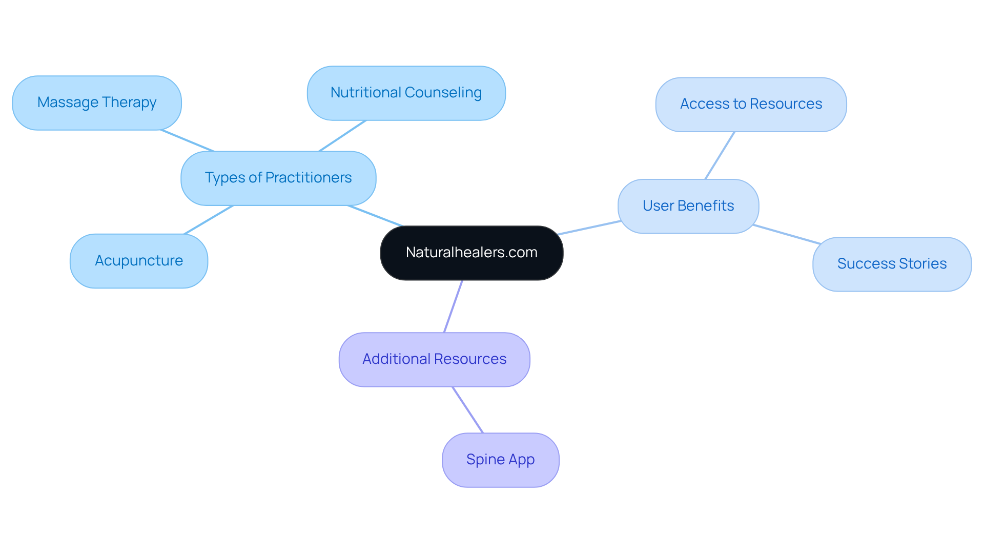 The center represents Naturalhealers.com, and the branches show different aspects like types of practitioners and user benefits. Each color-coded branch helps you see how everything connects in the holistic health landscape.