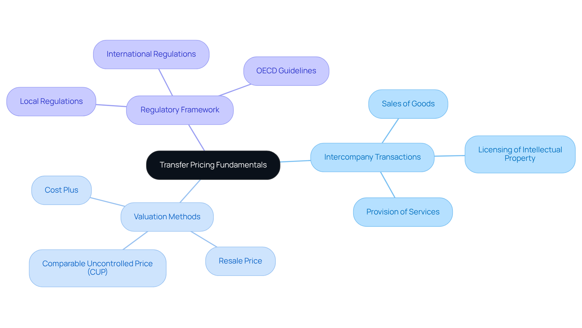 This mindmap starts with the main topic of transfer pricing at the center. Each branch represents a key component, and the sub-branches provide more detail on specific aspects. Follow the branches to see how everything connects and supports the understanding of transfer pricing.