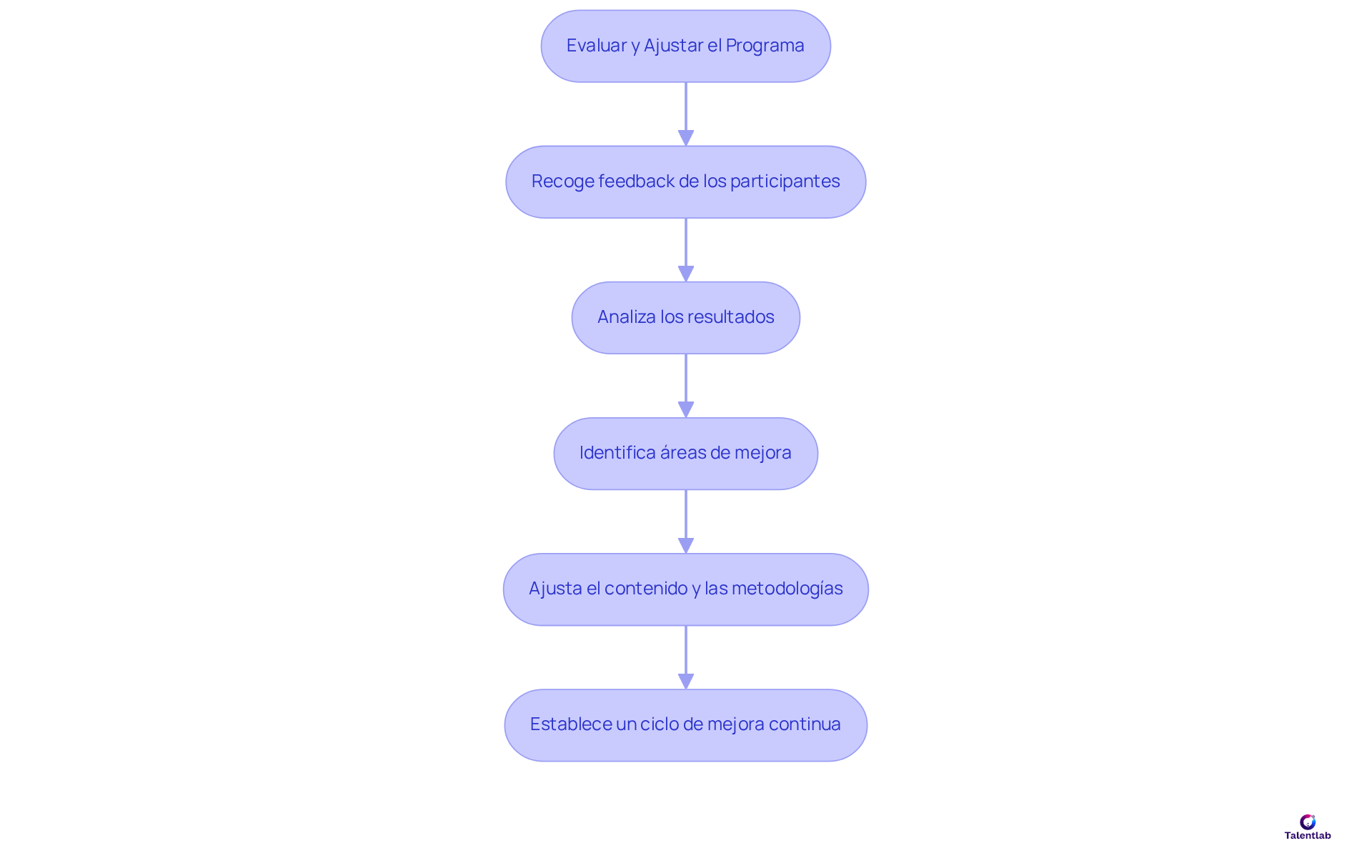 Cada cuadro representa un paso en el proceso de evaluación y ajuste. Sigue las flechas para ver cómo cada etapa se conecta con la siguiente, asegurando que el programa de liderazgo se mantenga efectivo y alineado con los objetivos organizacionales.