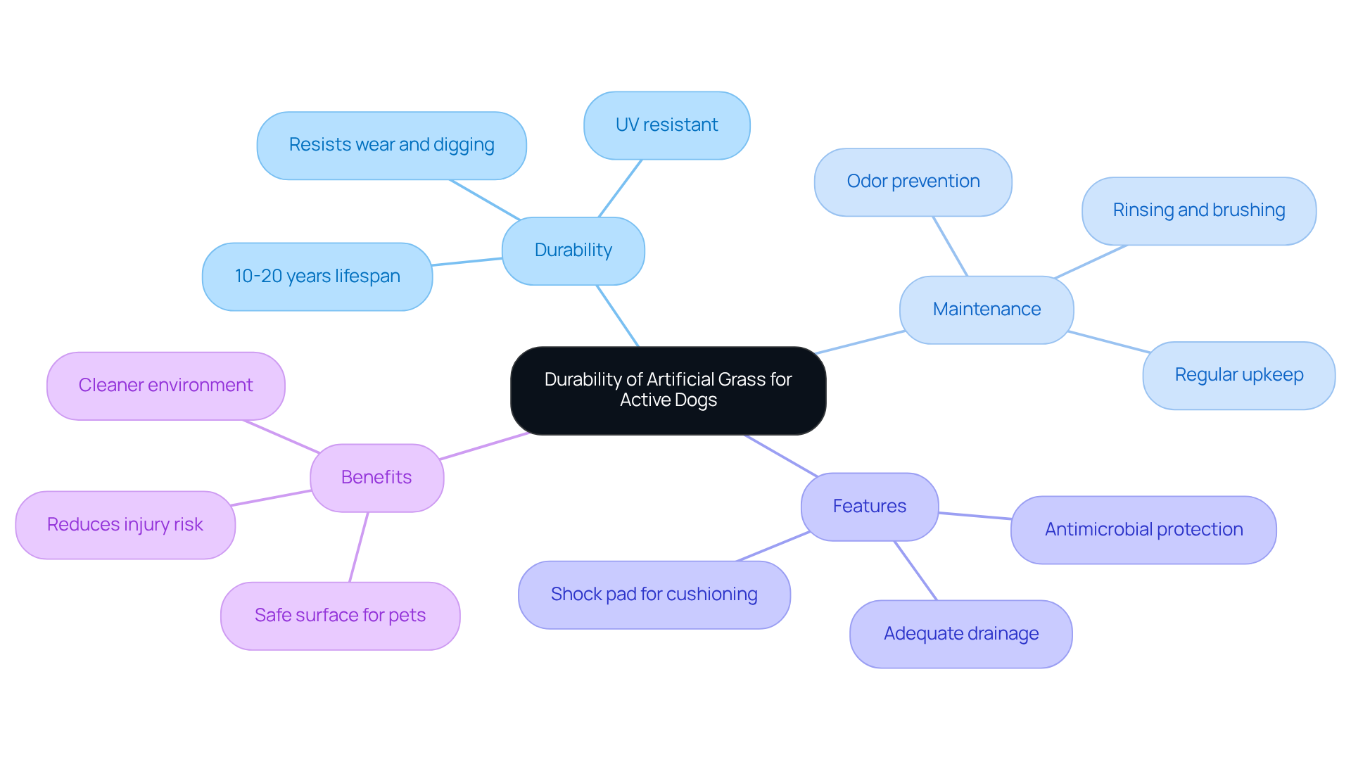 The central idea is about the durability of synthetic turf for dogs. Each branch explores different aspects: how long it lasts, what maintenance it needs, important features, and the benefits for your pets. Follow the branches to understand how these elements connect.