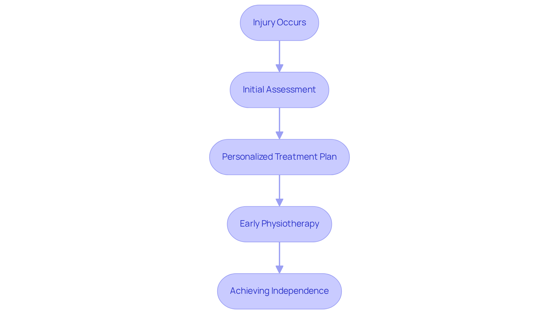 This flowchart illustrates the steps in your recovery journey. Start from the injury and follow the arrows through assessments and treatments until you reach independence. Each step is designed to help you regain your strength and mobility.