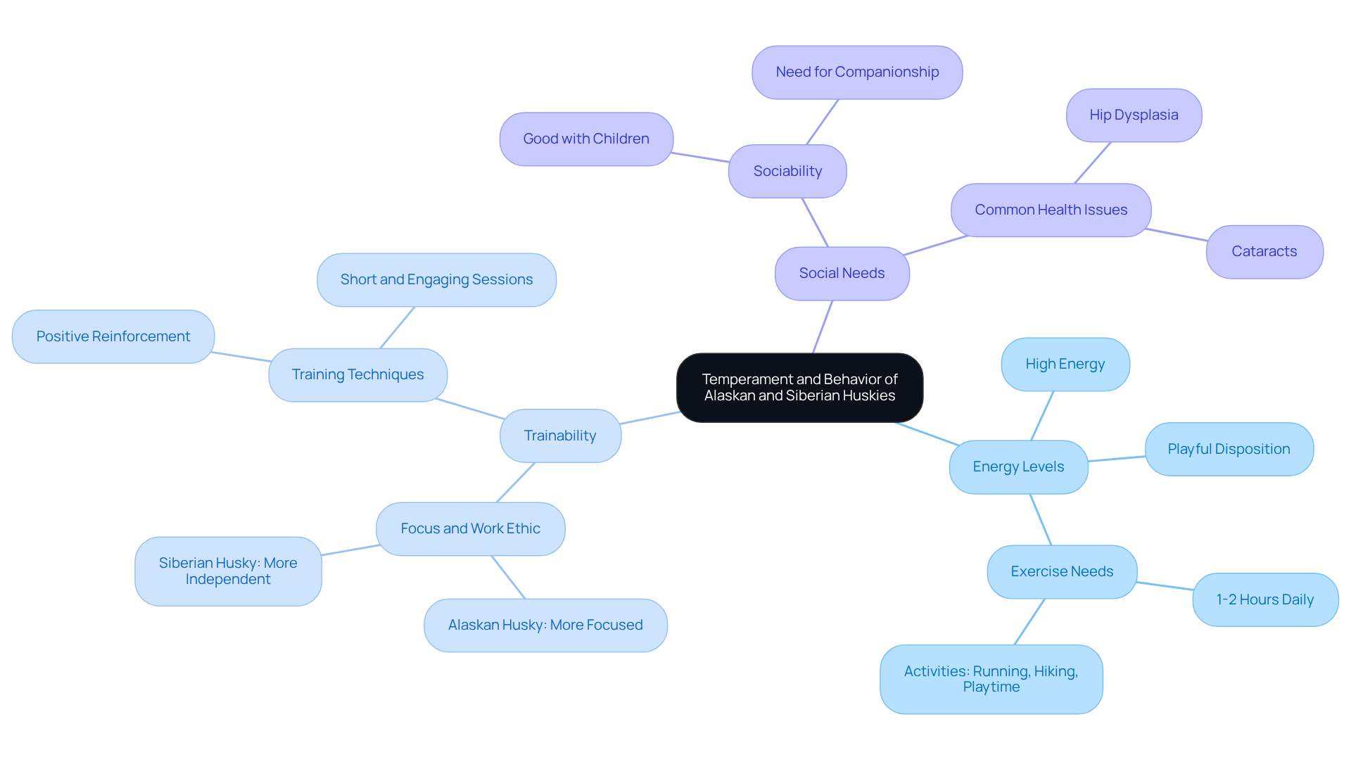 This mindmap illustrates the various traits of Alaskan and Siberian Huskies. Each branch shows a different aspect of their temperament, helping you understand how to best care for these wonderful dogs. This mindmap illustrates the various traits of Alaskan and Siberian Huskies. Each branch shows a different aspect of their temperament, helping you understand how to best care for these wonderful dogs.
