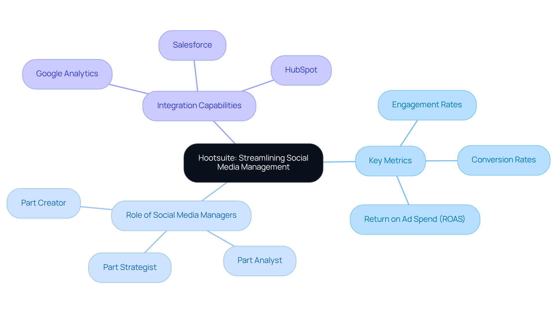 The central node represents Hootsuite's services, while the branches show key metrics and roles that contribute to effective social media management. Each metric helps businesses understand their performance and make informed decisions.