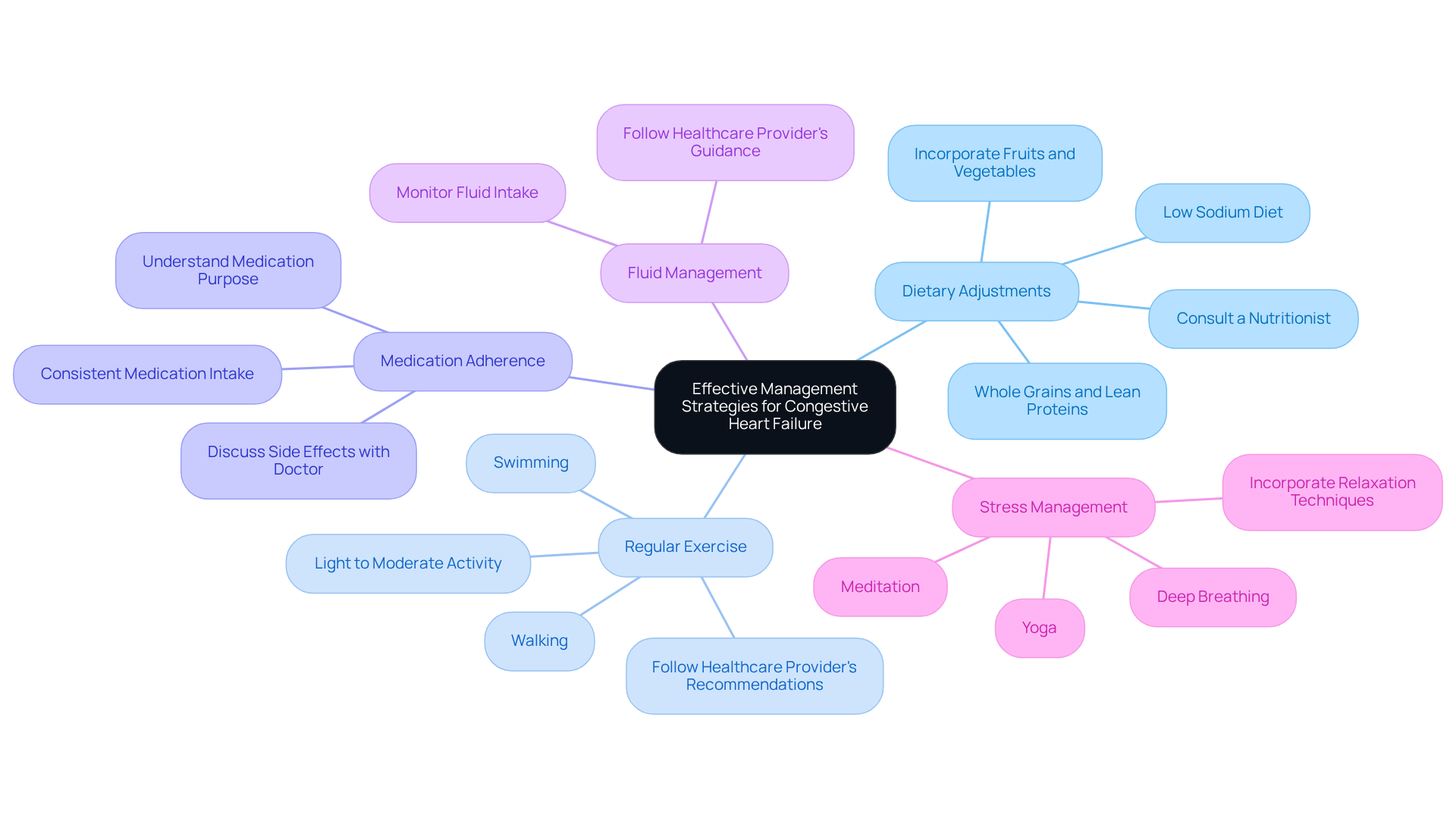 The center represents the main theme of managing heart failure, while each branch shows a different strategy. Follow the branches to see specific actions you can take under each strategy. The center represents the main theme of managing heart failure, while each branch shows a different strategy. Follow the branches to see specific actions you can take under each strategy.