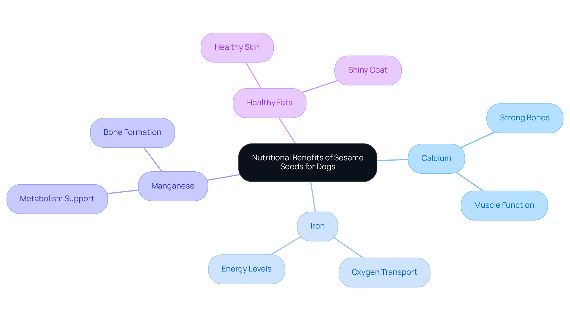 The central idea is the benefits of sesame seeds for dogs. Each branch represents a nutrient, and the sub-branches explain how each nutrient contributes to your dog's health.