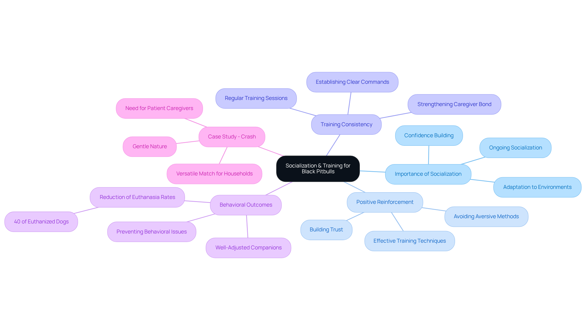 The center represents the overall theme, and each branch highlights a critical aspect of socialization and training. Follow the branches to see how these elements connect and support better outcomes for these dogs.