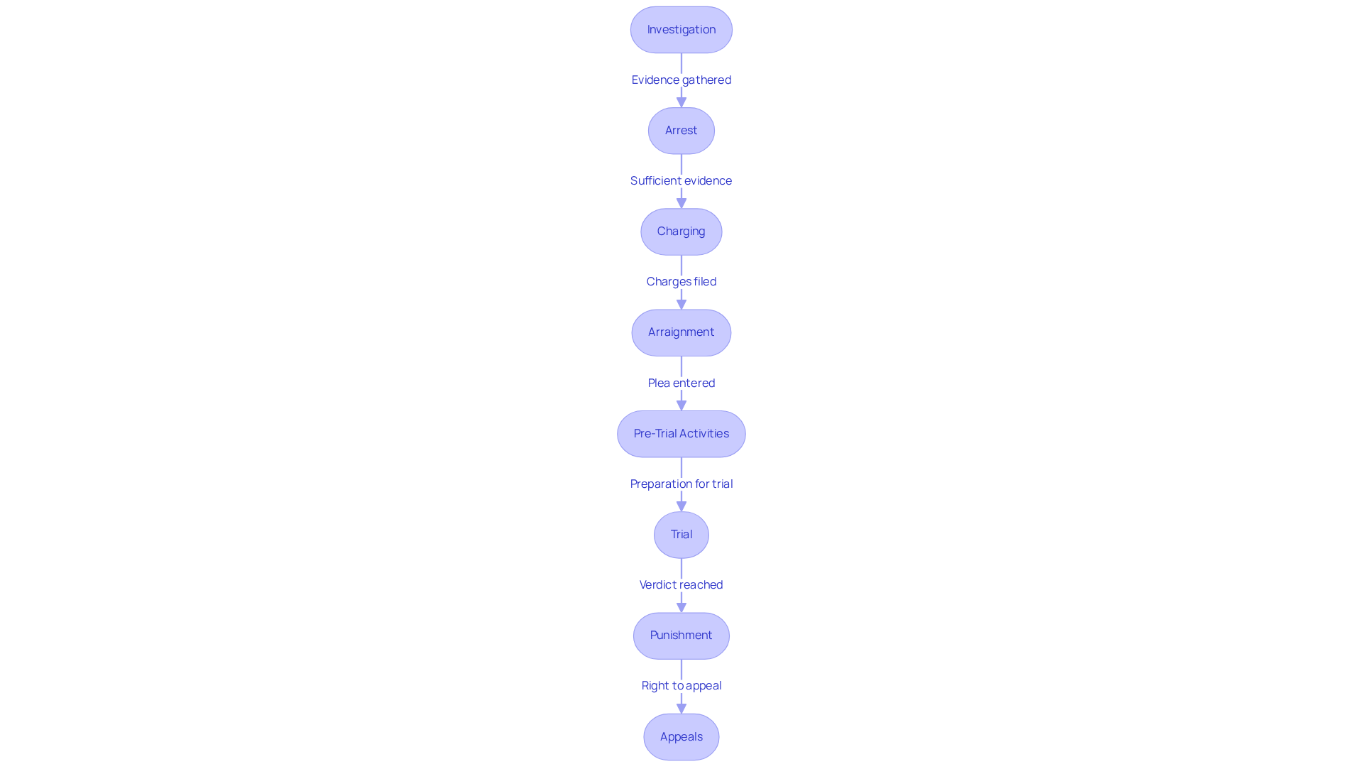 This flowchart outlines the steps in a criminal case. Each box represents a stage in the process, and the arrows show how one step leads to the next. Follow the flow to understand what happens from the investigation all the way to appeals.