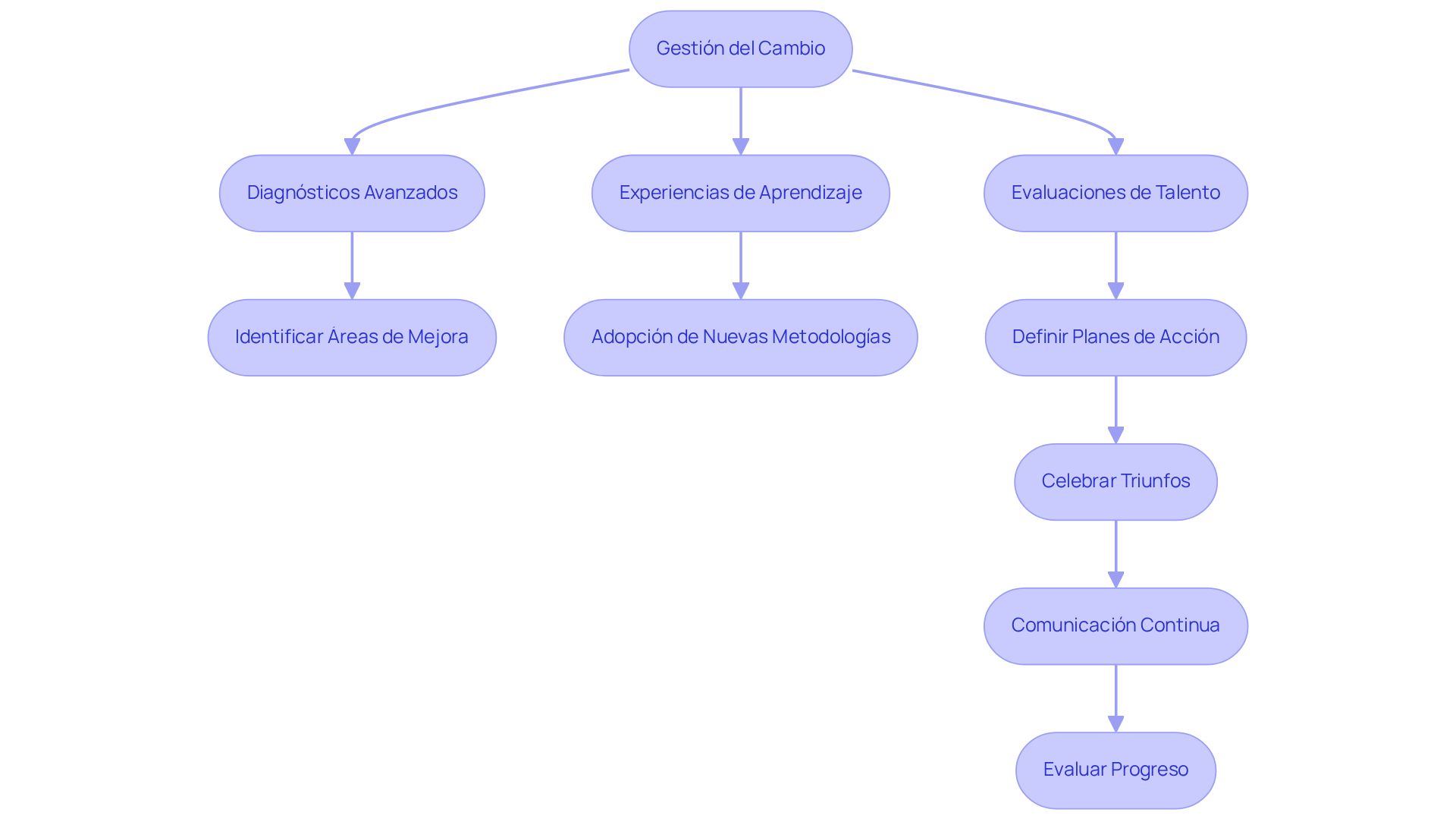 Este diagrama muestra cómo Talentlab aborda la gestión del cambio. Cada cuadro representa un paso o estrategia en el proceso. Sigue las flechas para ver cómo cada acción se conecta y contribuye al éxito de la transformación organizacional.