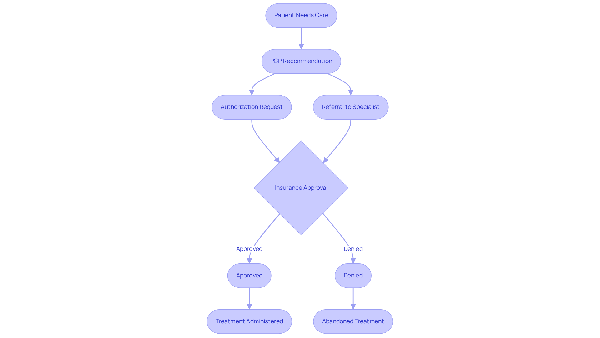 This flowchart illustrates the steps a patient goes through for care, from initial recommendation to treatment. Follow the arrows to see how decisions impact access to services and potential delays.