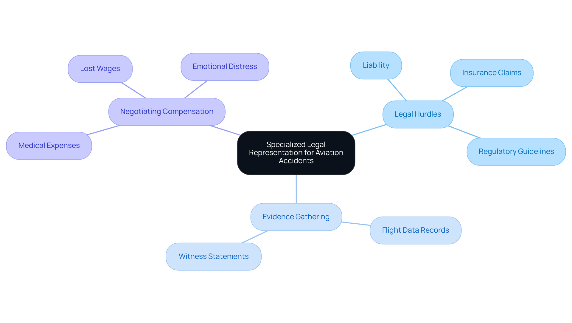 Start at the center with the main idea of specialized legal representation, then follow the branches to explore the various legal hurdles, evidence needed, and compensation aspects involved in aviation accident cases.