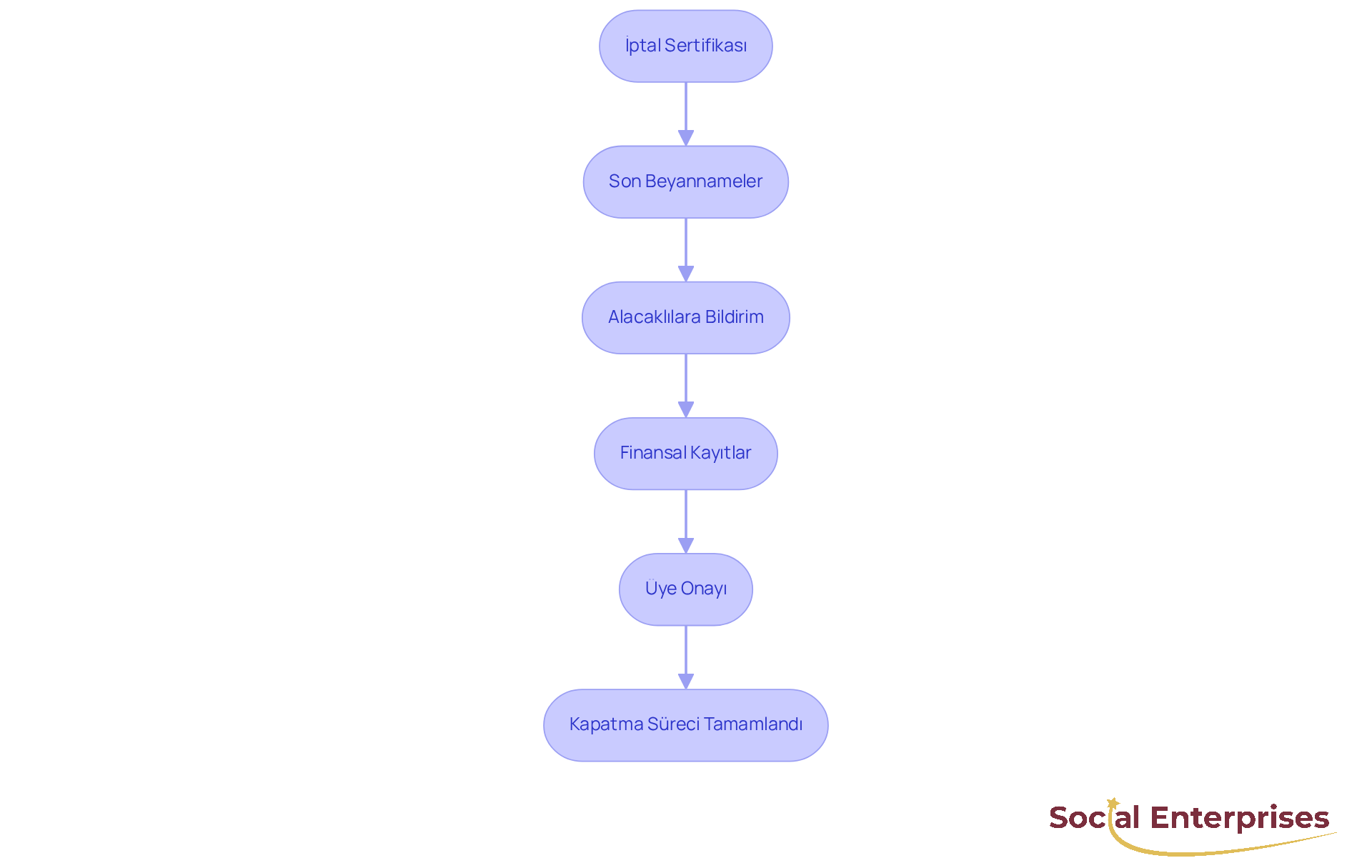 Her kutu, LLC kapatma sürecindeki bir adımı temsil eder. Oklar, adımların sırasını ve birbirleriyle nasıl bağlantılı olduklarını gösterir.