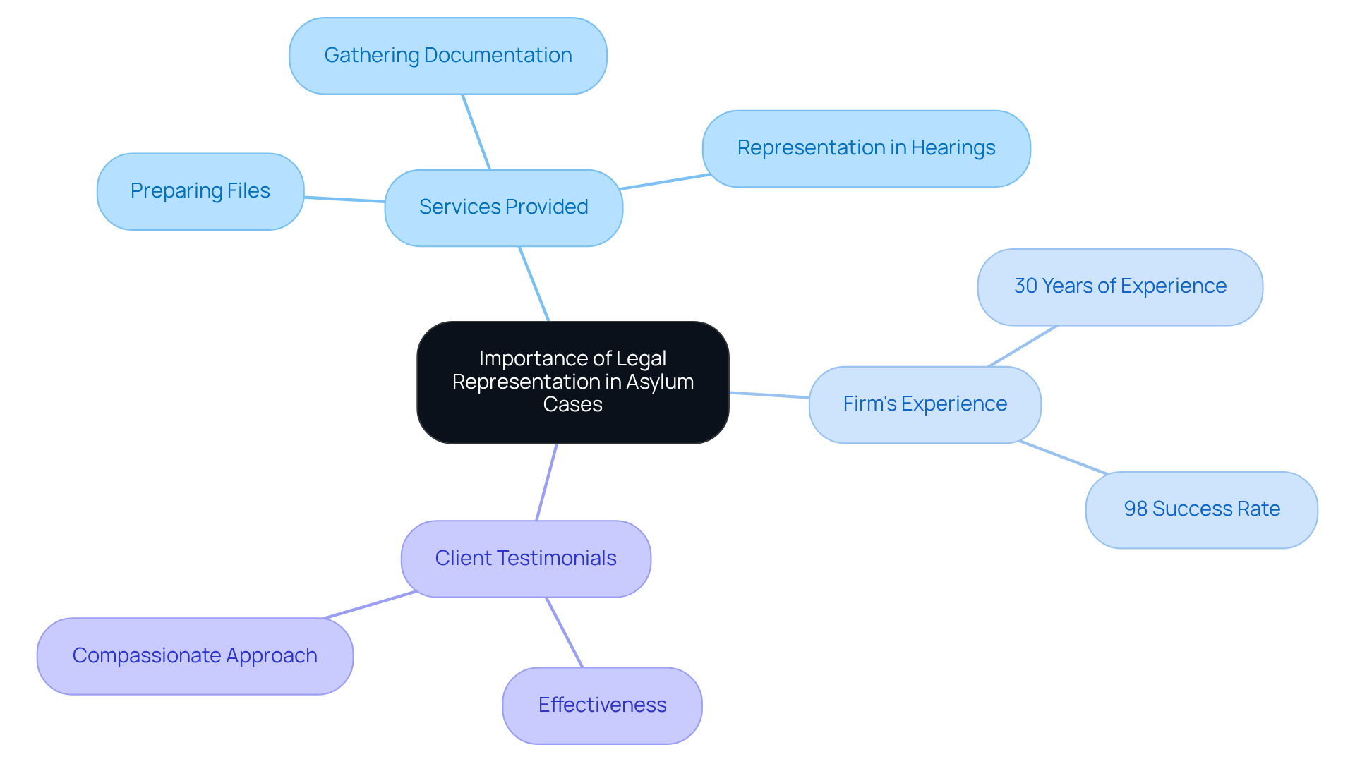 The center shows the main topic, while branches represent the services offered by the law firm and their experience. Each sub-point gives more detail about what the firm can do for you.