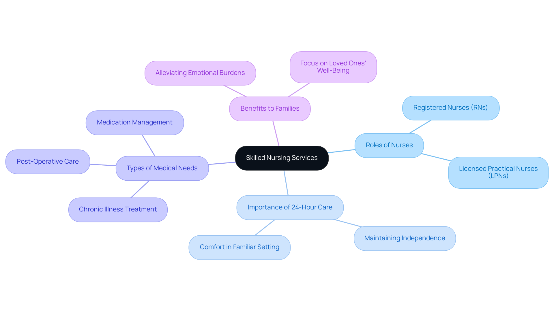The center represents skilled nursing services, with branches showing the roles, importance, types of care, and how it supports families and seniors — follow the branches to understand the whole picture.
