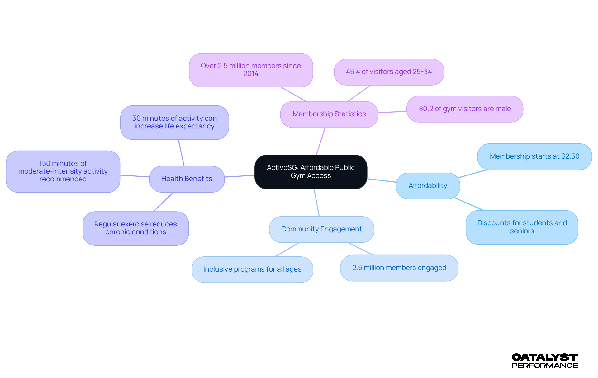 The center represents the ActiveSG initiative, with branches showing how it makes fitness affordable, builds community, improves health, and tracks membership growth. Each branch highlights important aspects of the program.