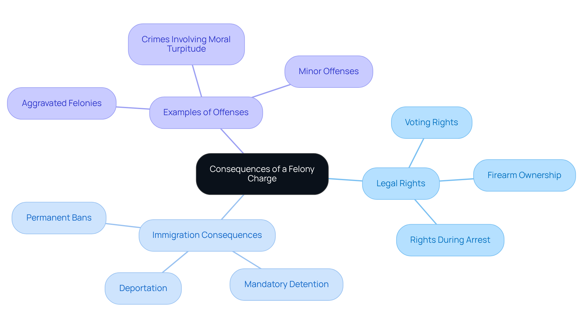 This mindmap illustrates how a felony charge can affect various aspects of life. Start at the center with the main topic, then explore the branches to see how legal rights and immigration status can be impacted. Each branch provides specific details to help you understand the broader implications.