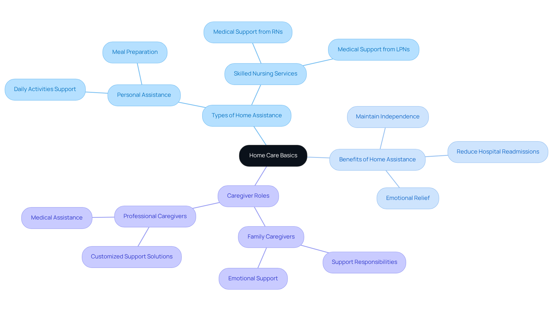 The central node represents the core concept of home care, with branches showing the main categories. Each sub-node highlights important details, helping families understand the various aspects of home support.