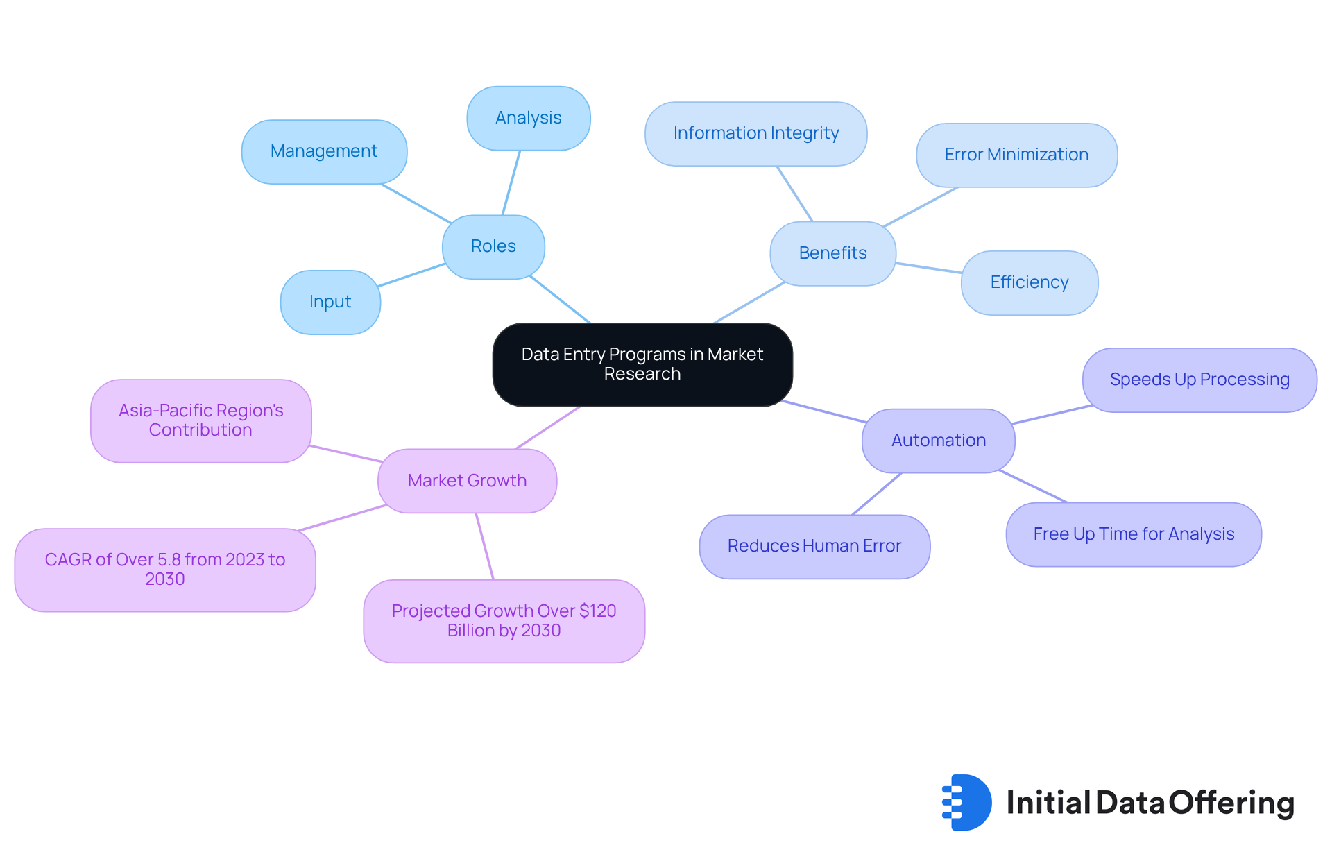The central node represents data entry programs, with branches showing their roles and benefits. Each sub-point further explains how these programs impact market research, helping you to understand their importance in the industry.