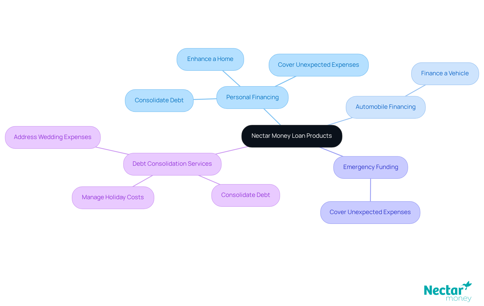 The central node represents the variety of loan products, while the branches show the main types of loans. Each sub-branch indicates specific purposes for taking out loans, helping you see how Nectar Money can meet diverse financial needs.
