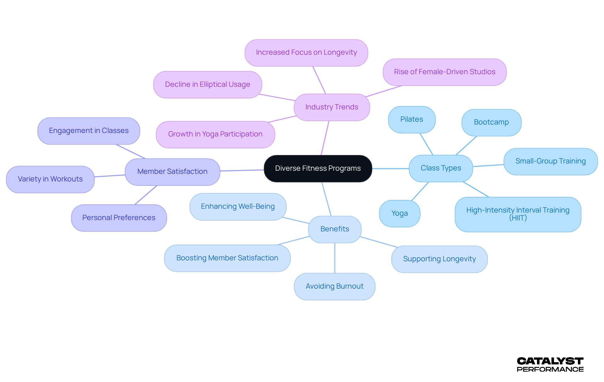 The center represents the core idea of diverse fitness programs, while the branches show how different classes and concepts contribute to maintaining motivation and satisfaction in your fitness journey.