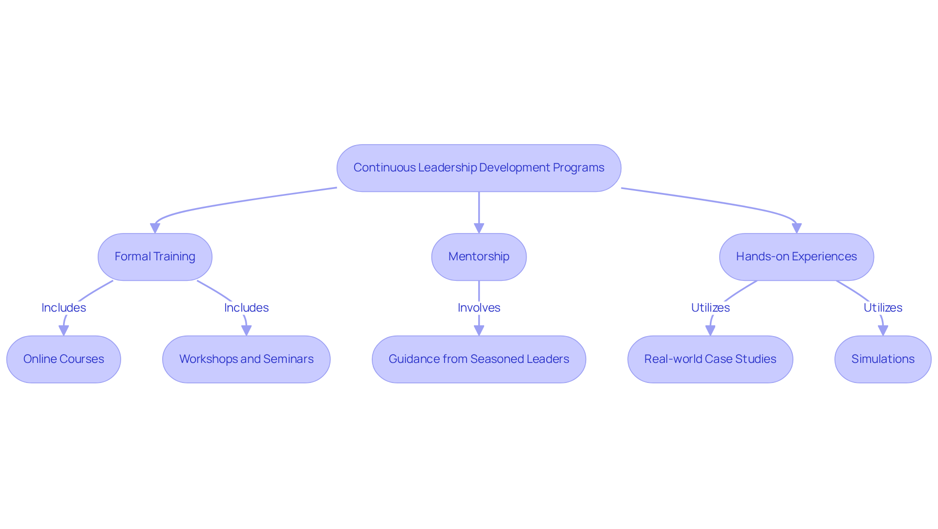 This flowchart illustrates the steps organizations can take to develop their leaders continuously. Each box represents a strategy or action, and the arrows show how they connect to create a comprehensive leadership development program.