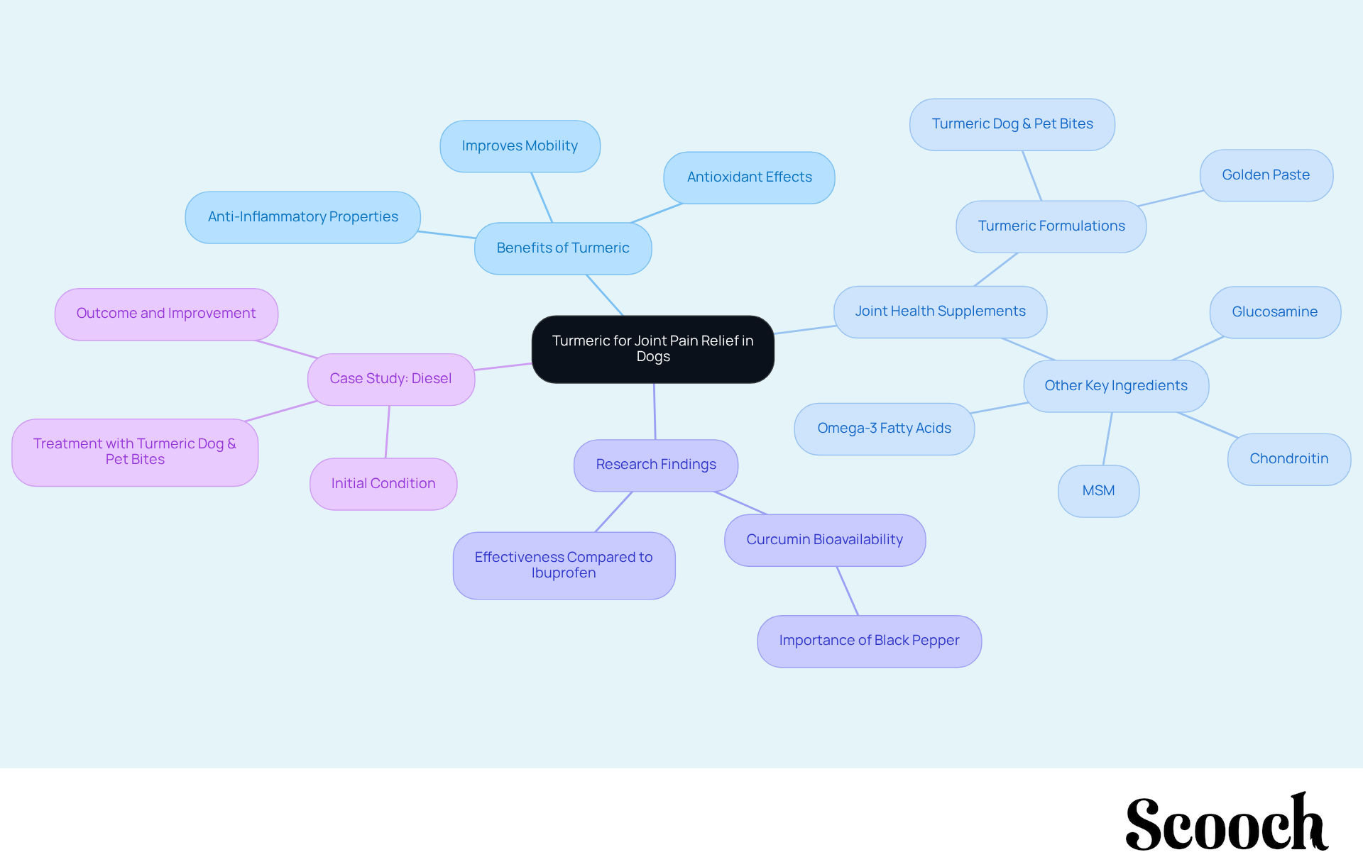 The central node represents the main topic, while the branches indicate different aspects of turmeric's benefits for dogs. Each branch and sub-branch helps you explore the topic in detail, making it easy to understand how turmeric can support joint health.