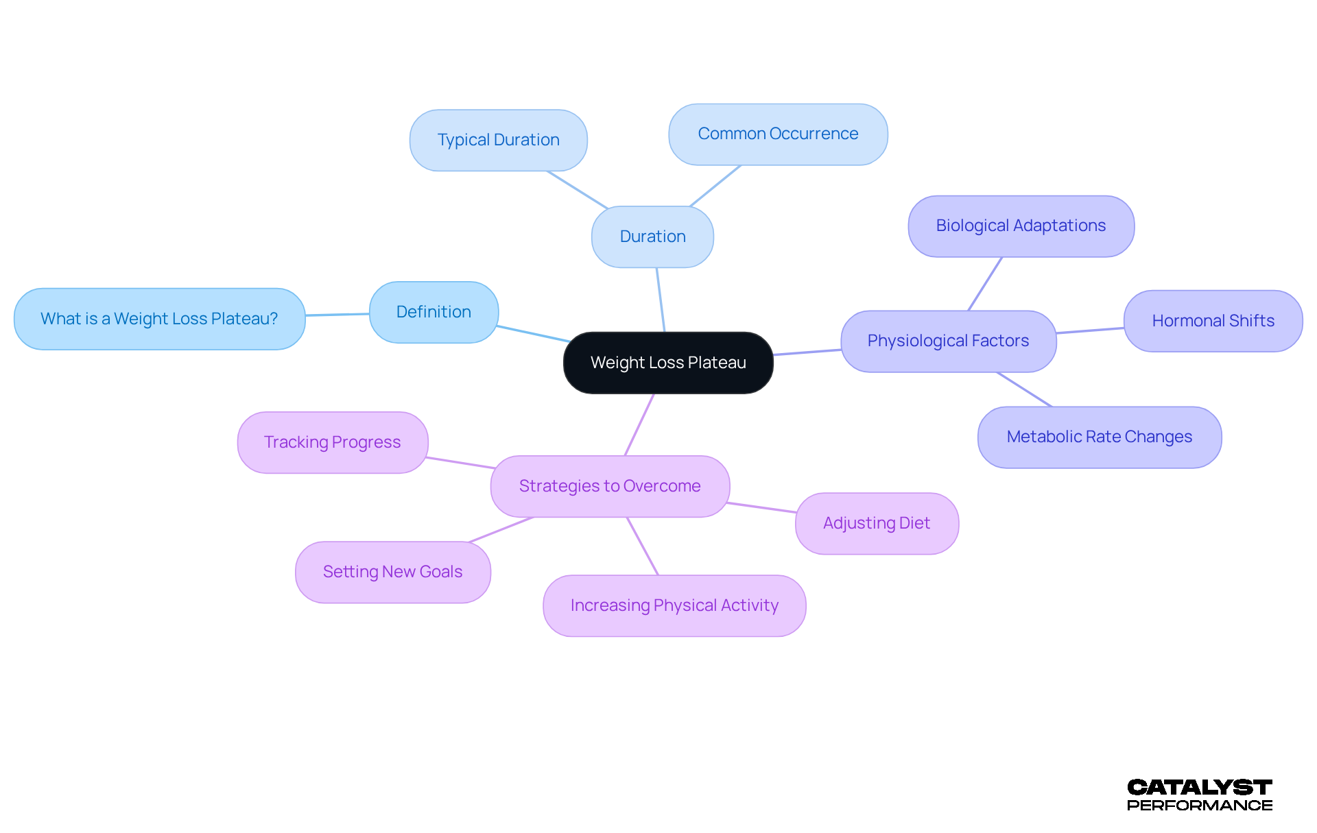 The center shows what a weight loss plateau is, and the branches explain its duration, the factors that cause it, and how to stay motivated. Follow the branches to see how everything connects!