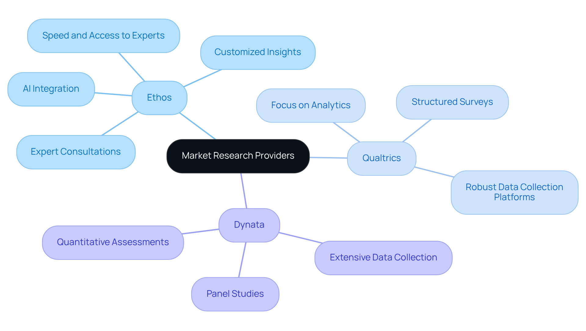 The central node represents the overall topic, while each branch shows a different provider. The sub-branches highlight their unique strengths and methodologies, helping you quickly understand how they compare.