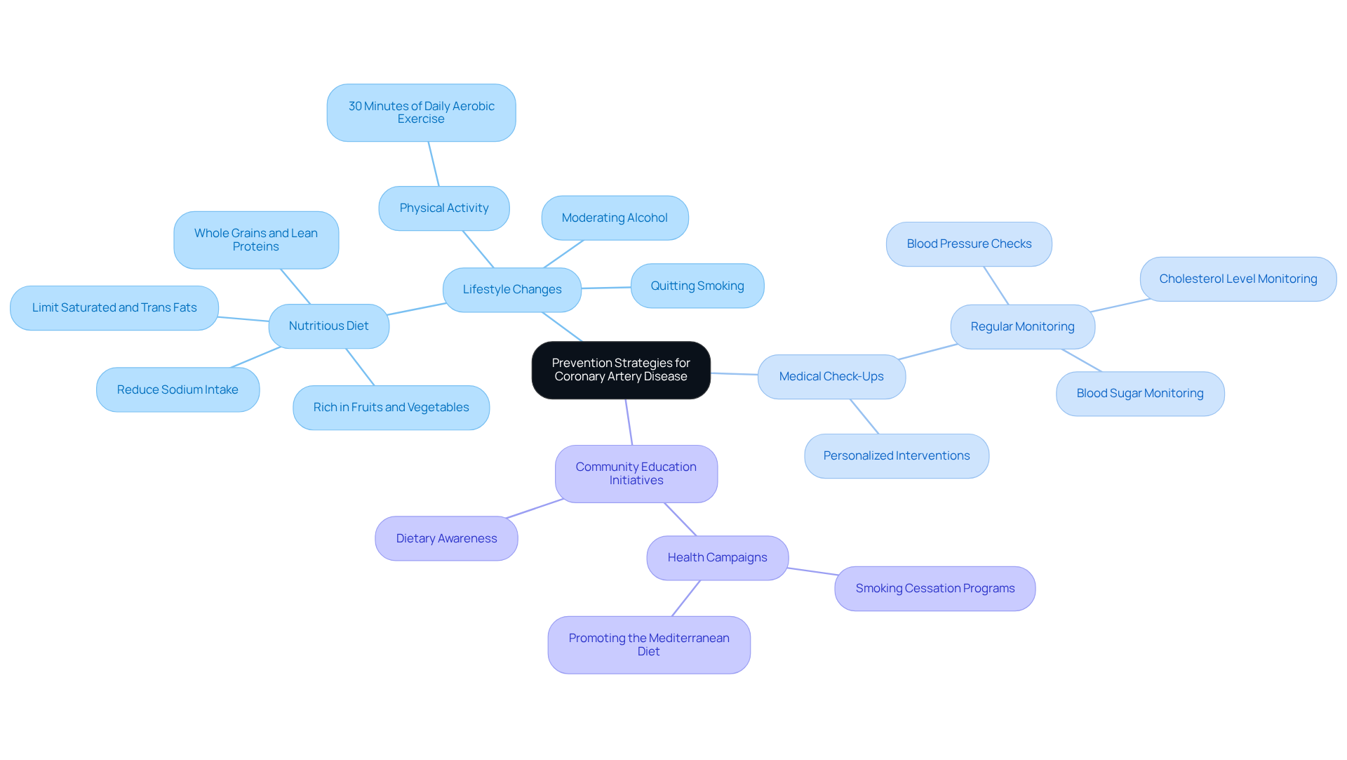 The central node represents the main goal of preventing coronary artery disease. Each branch shows a different strategy, and the sub-branches detail specific actions or initiatives related to that strategy. Follow the branches to see how each part contributes to heart health.