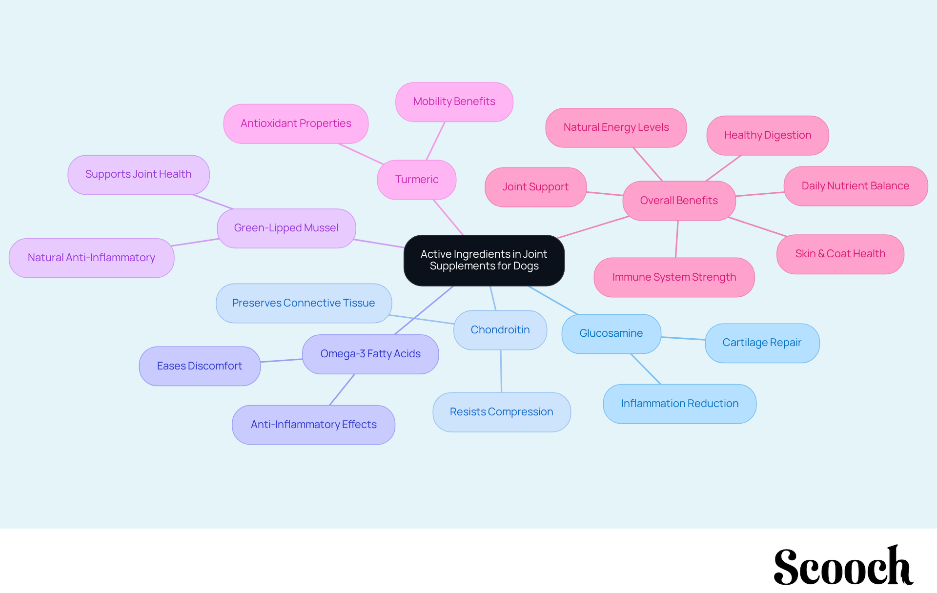 The central node represents the main topic, while the branches show the key ingredients and their benefits. Each ingredient connects to its specific advantages, and there's a separate section for overall health benefits, making it easy to understand how these supplements support your dog's well-being.