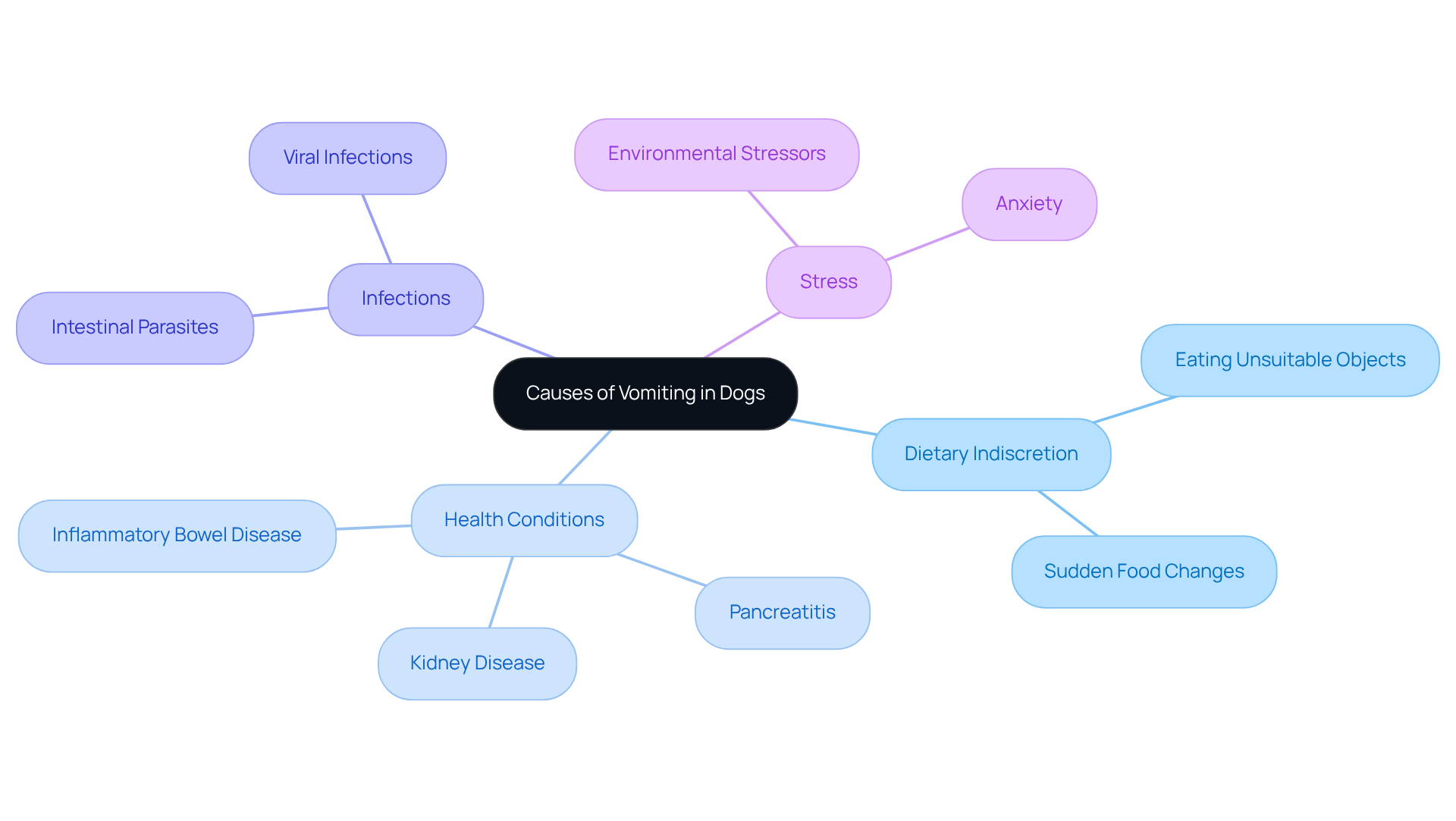 The central node represents the main topic of vomiting causes, branching out to show different categories and causes. Each color-coded branch helps categorize the information, making it easier to follow and understand.