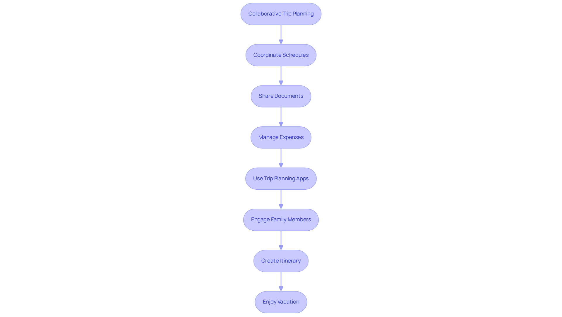 Follow the arrows to see how each step connects in the trip planning process. Each box represents a key action that contributes to making your family vacation enjoyable and organized.