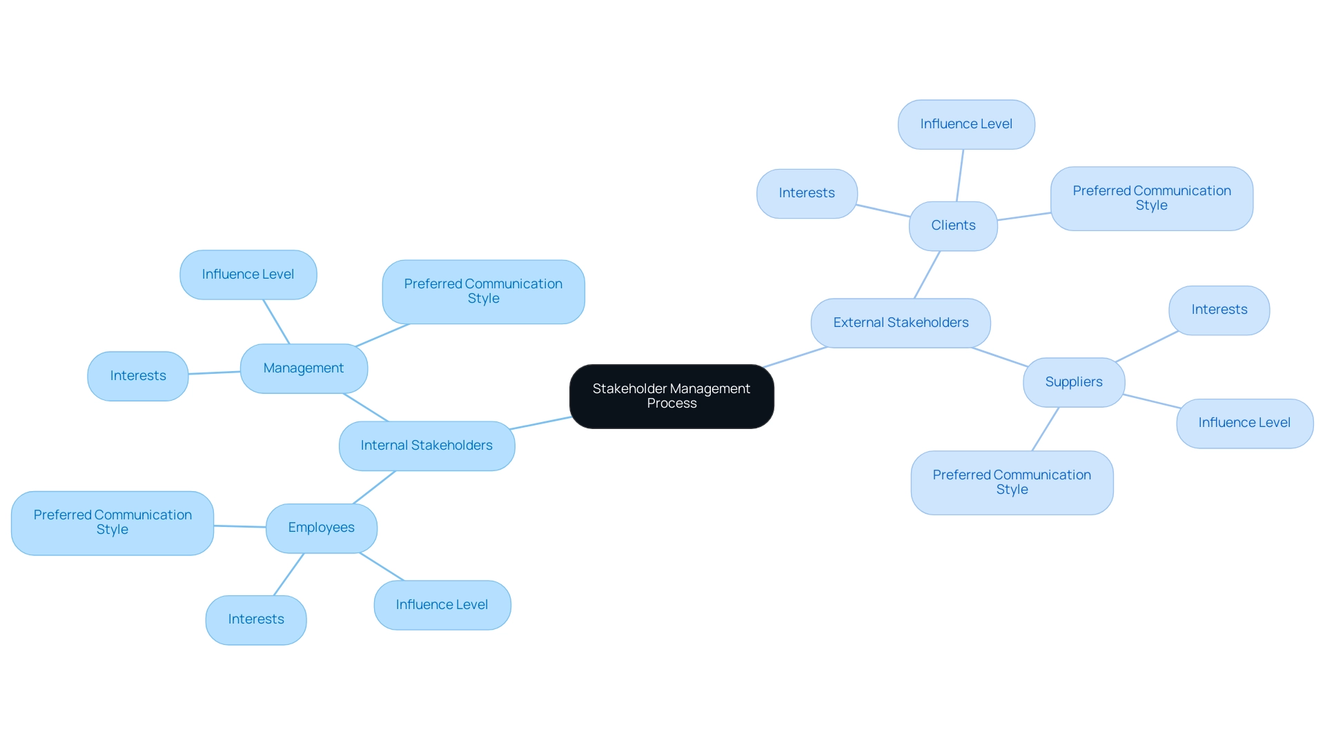 The central node represents the overall process, with branches indicating internal and external stakeholders, and sub-branches detailing their attributes.