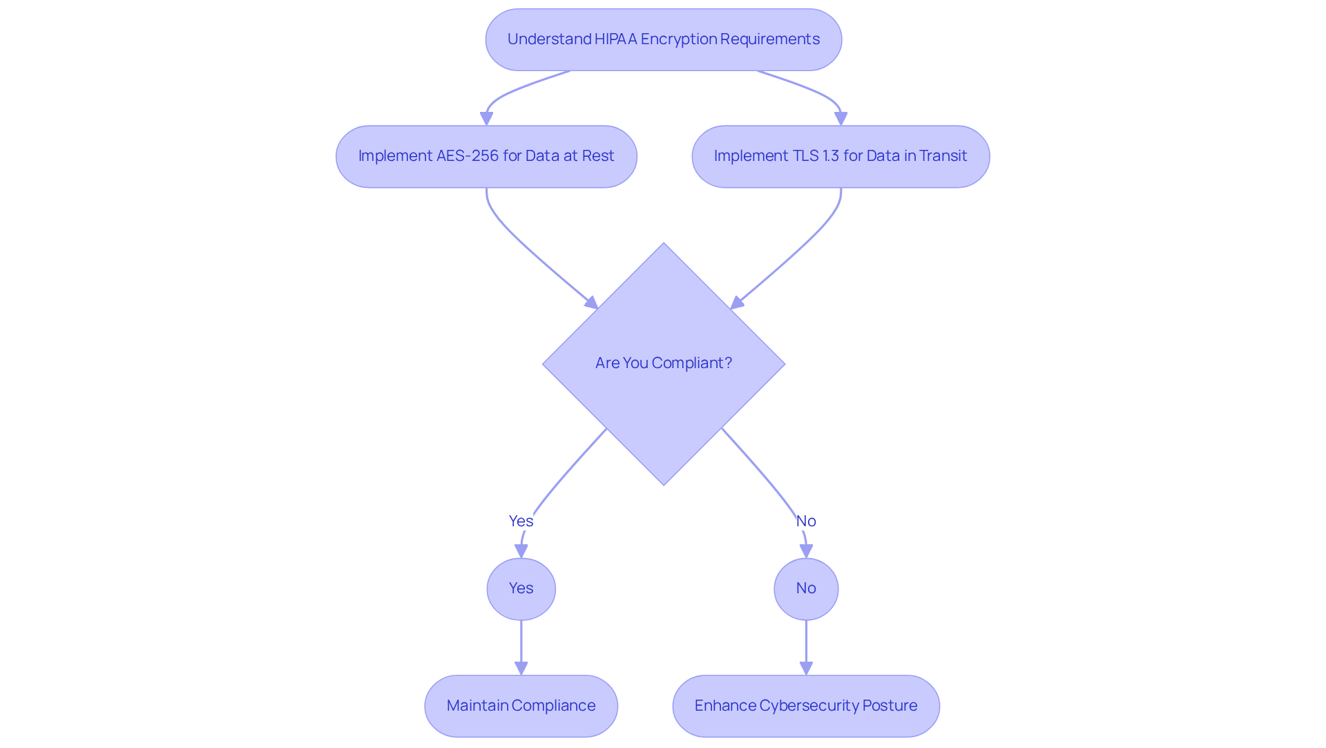 Follow the flow from understanding requirements to implementing encryption standards. If you're compliant, great! If not, take action to enhance your cybersecurity.