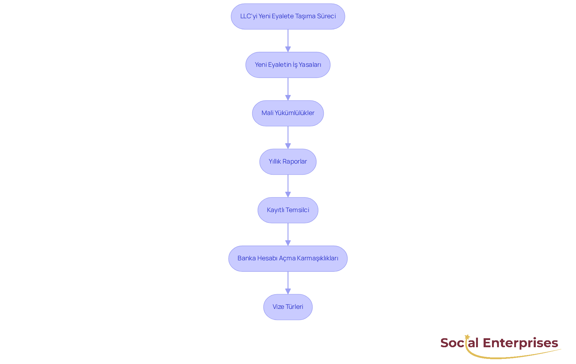 Her kutu, LLC'nizi taşırken dikkate almanız gereken bir aşamayı temsil eder. Oklar, bu aşamaların nasıl birbirine bağlı olduğunu gösterir; süreçte her adımı takip edin!