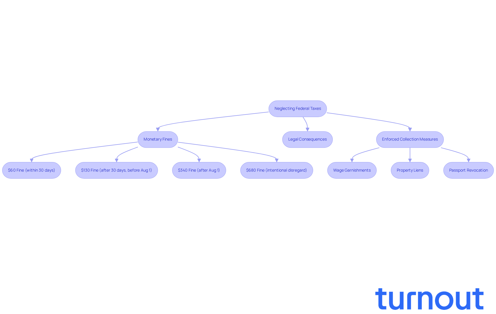 This flowchart shows what happens if you don't pay your federal taxes. Start at the top with the main issue, and follow the arrows to see the financial penalties and legal actions that can occur. Each box represents a specific consequence, helping you understand the potential outcomes of neglecting your tax obligations.