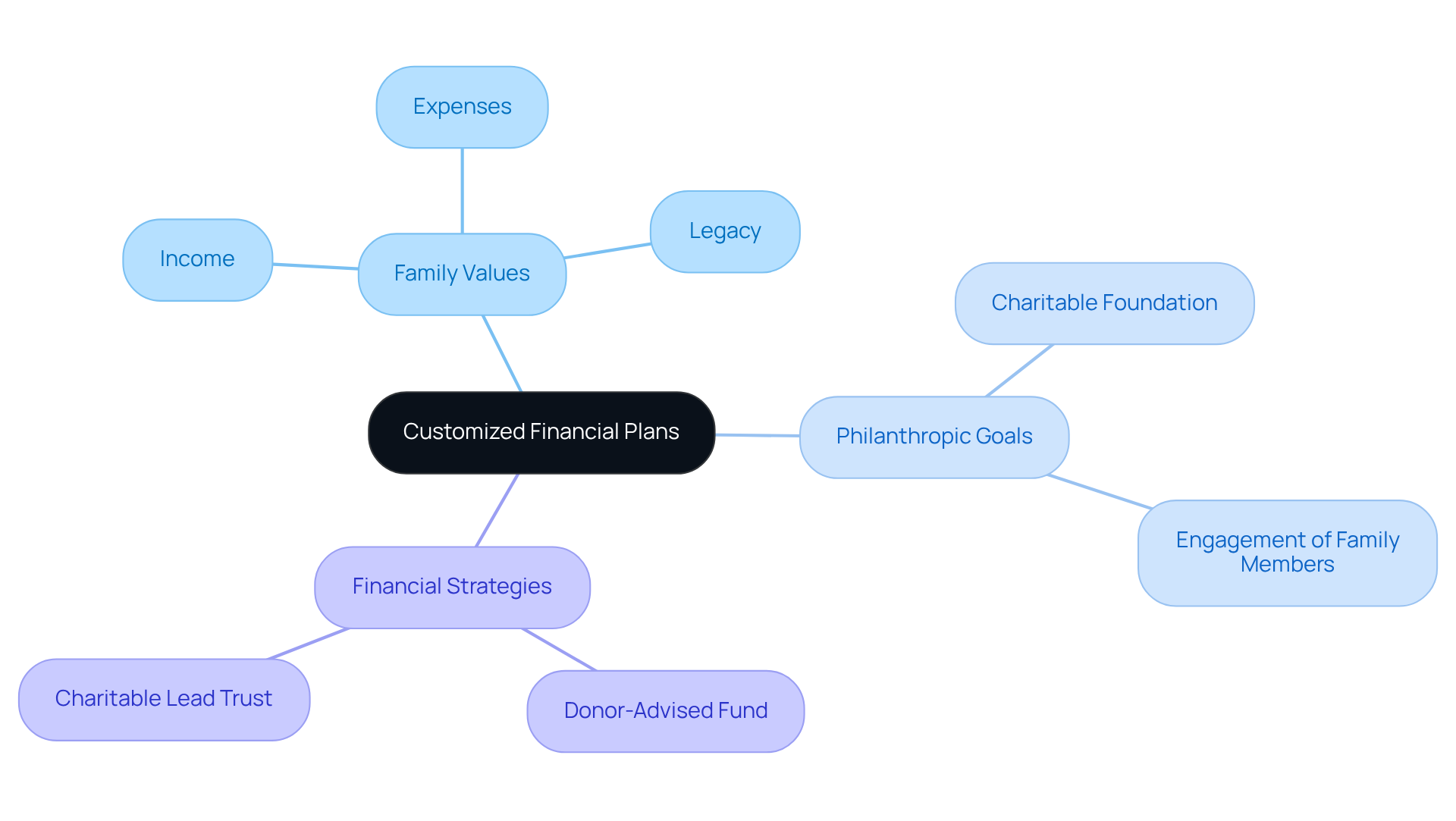 This mindmap illustrates how different aspects of financial planning connect. Start at the center with 'Customized Financial Plans', then explore how family values and philanthropic goals shape specific strategies. Each branch represents a key area, helping you see the bigger picture of creating a meaningful financial legacy. This mindmap illustrates how different aspects of financial planning connect. Start at the center with 'Customized Financial Plans', then explore how family values and philanthropic goals shape specific strategies. Each branch represents a key area, helping you see the bigger picture of creating a meaningful financial legacy.