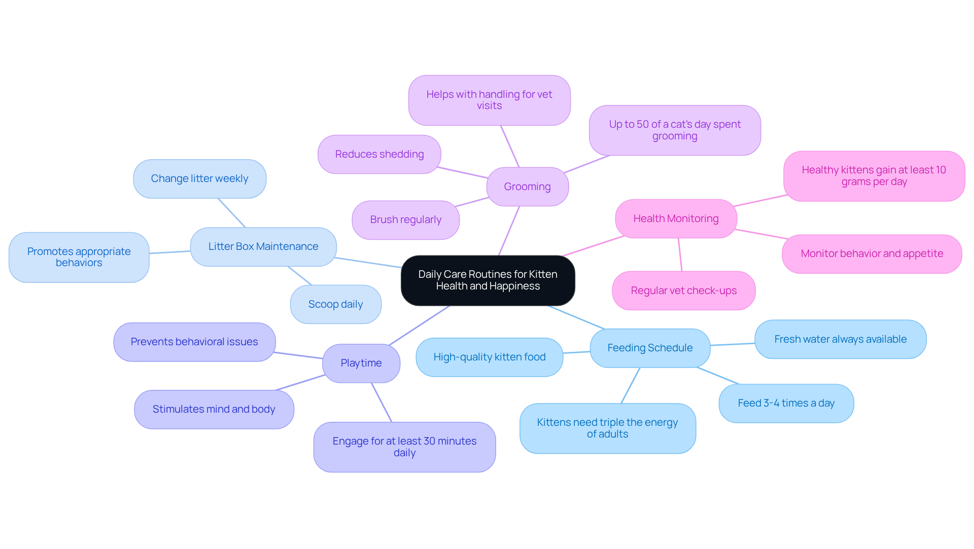The central node shows the main topic, while each branch represents a specific care routine. The sub-branches provide additional tips or important information related to each routine. Following this map will help you ensure your kitten's health and happiness. The central node shows the main topic, while each branch represents a specific care routine. The sub-branches provide additional tips or important information related to each routine. Following this map will help you ensure your kitten's health and happiness.