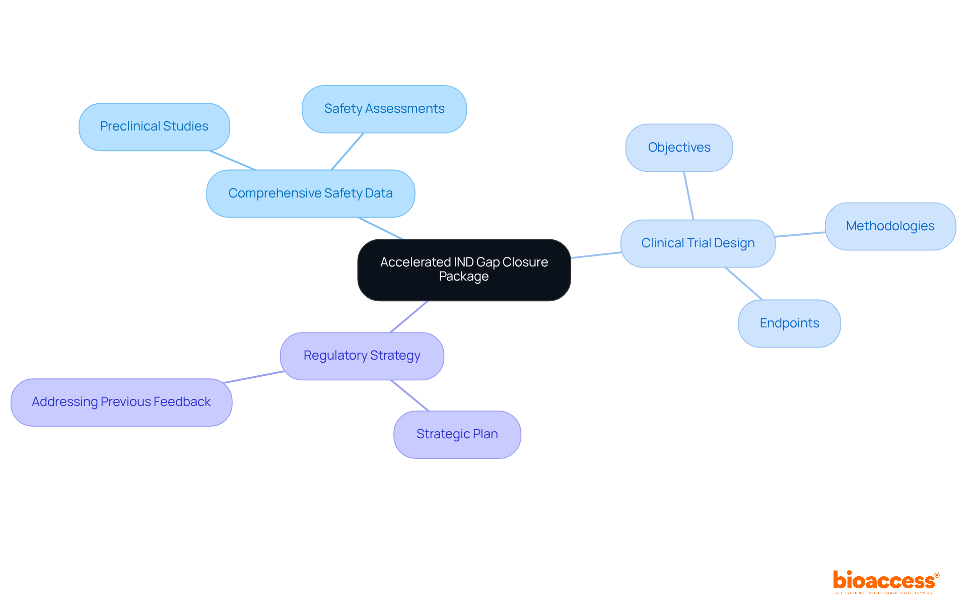 The central node represents the main package, while the branches show the key components necessary for FDA compliance. Each sub-branch provides additional details about what is required in each area.