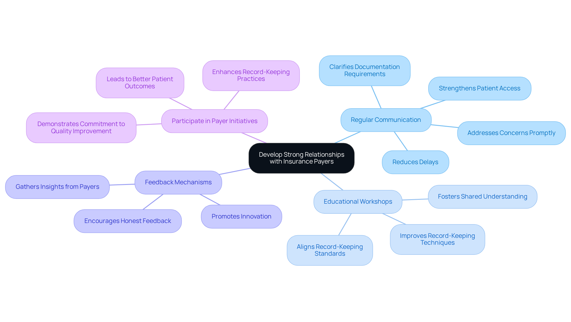 The central node represents the main goal, while the branches show different strategies to achieve it. Each strategy has its own details that explain how it contributes to strengthening relationships with payers.