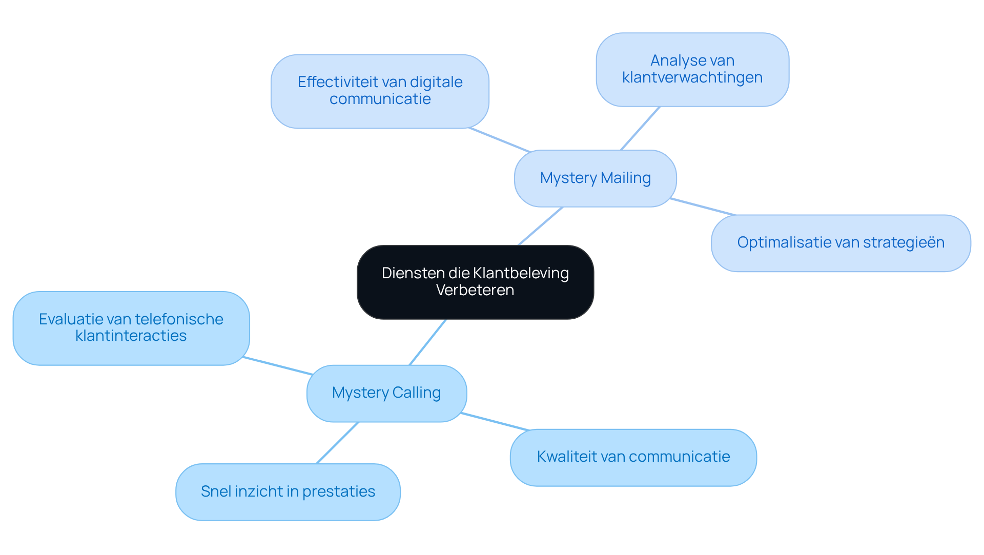 Begin in het midden met de hoofdthema's en volg de takken om meer te leren over elke dienst en hoe deze bijdraagt aan een betere klantbeleving.