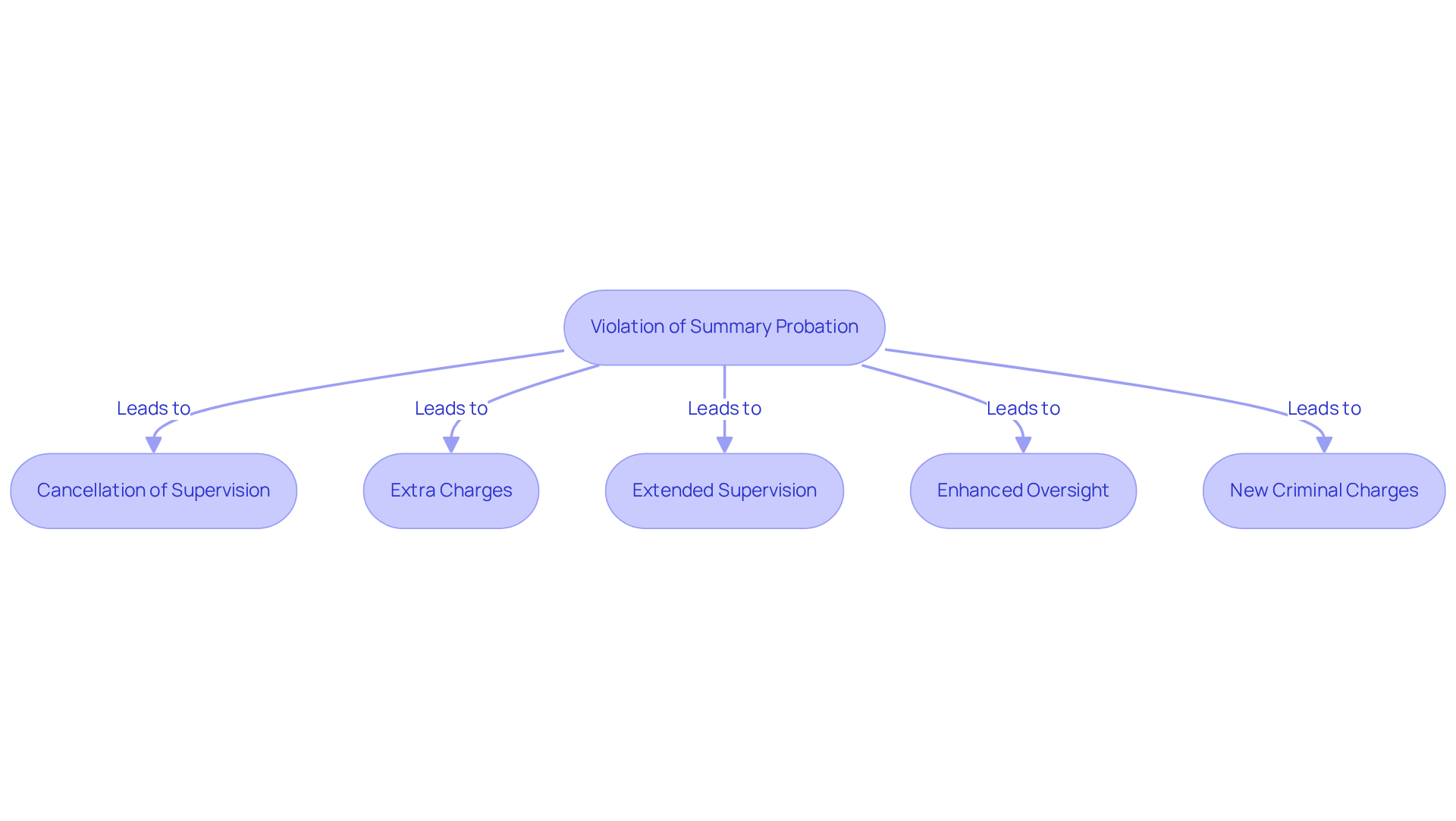 This flowchart shows what can happen if someone violates their summary probation. Starting from the violation, follow the arrows to see the different consequences that can occur, like facing extra charges or having to deal with stricter supervision. Each box explains what that consequence means.