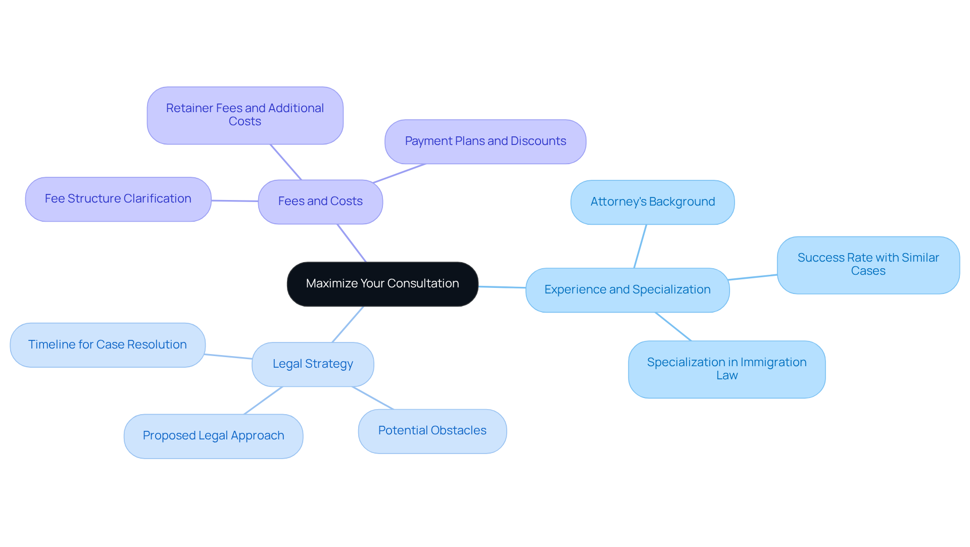 Start at the center with the main goal of maximizing your consultation, then follow the branches to explore key areas and the important questions to ask in each.
