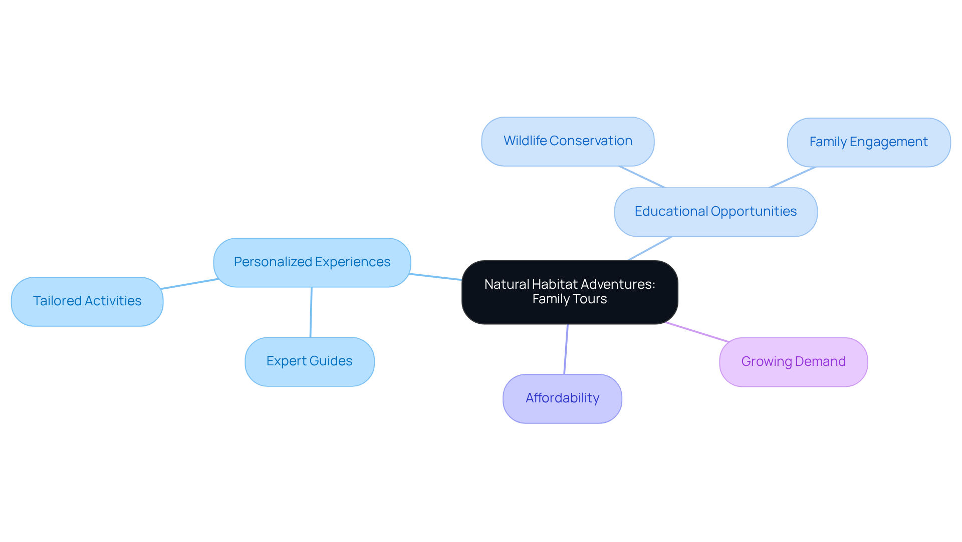 The center represents the main theme of family tours, while branches show key aspects that enhance the travel experience. Each color-coded branch highlights a different focus area, making it easy to see how they all connect.