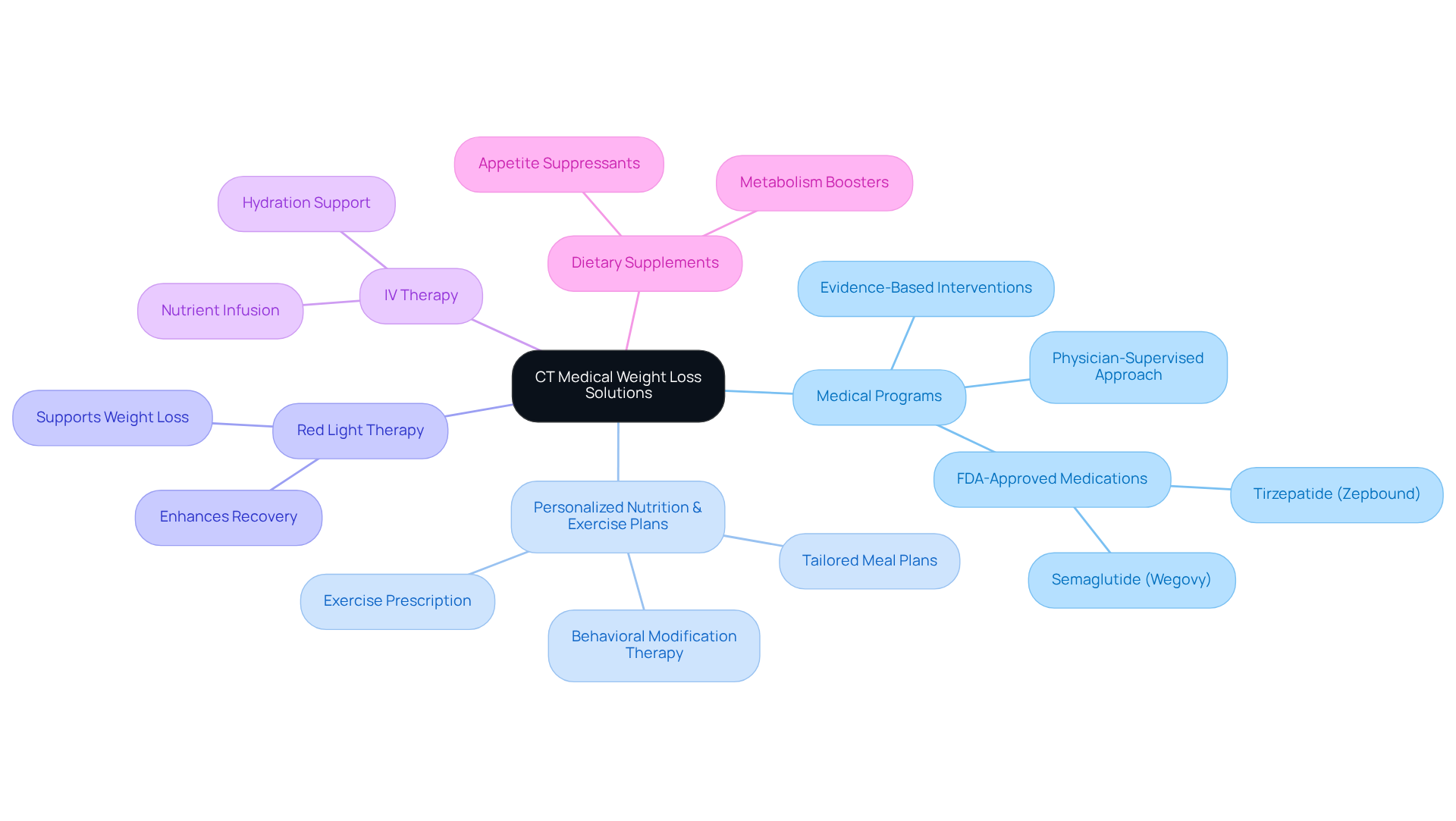This mindmap shows the various services offered for weight loss. Start at the center with the main theme, then follow the branches to explore each specific service and how they contribute to your weight loss journey.