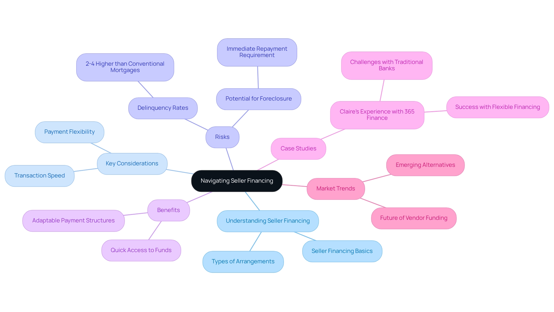 Each branch represents a major category related to seller financing, with sub-branches providing detailed insights and examples.