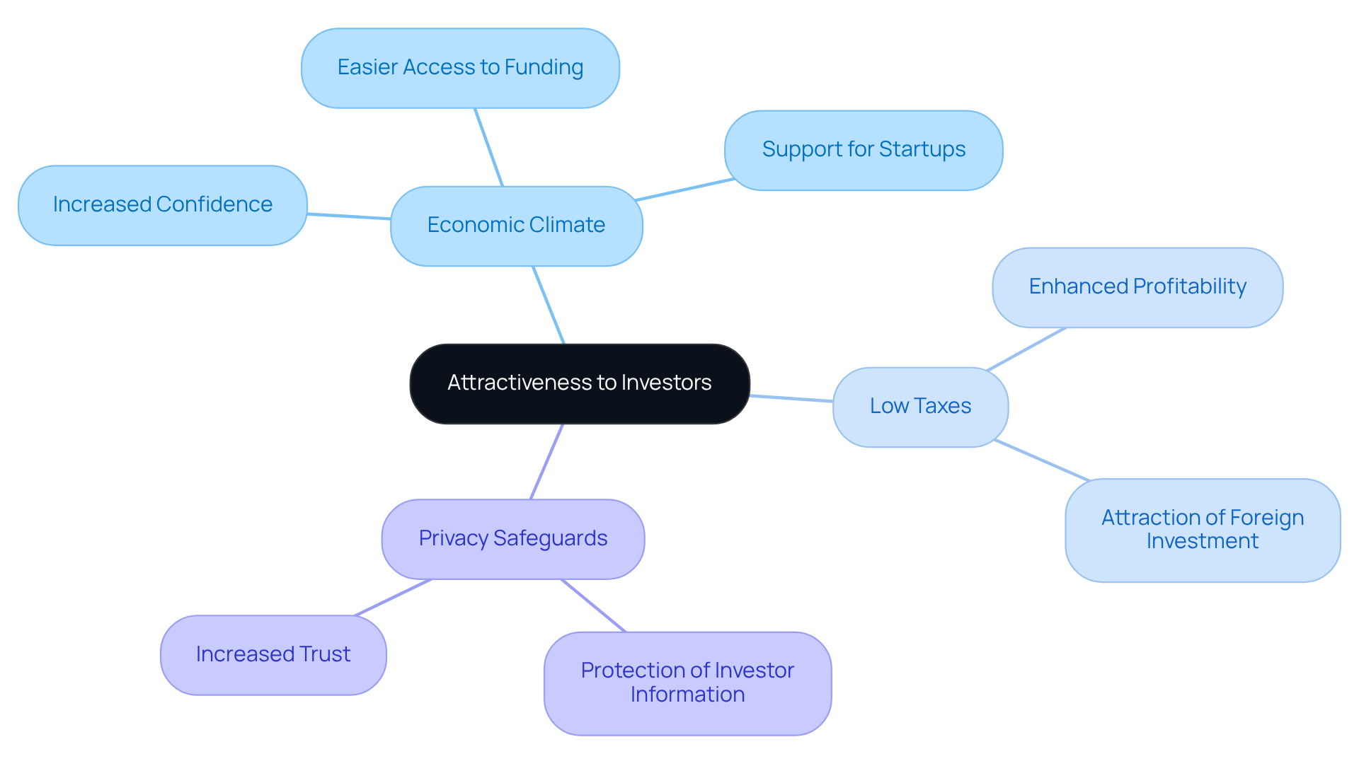 The center represents the overall attractiveness to investors, while the branches show key factors that contribute to this appeal. Each sub-branch explains how these factors support investor confidence and startup growth. The center represents the overall attractiveness to investors, while the branches show key factors that contribute to this appeal. Each sub-branch explains how these factors support investor confidence and startup growth.